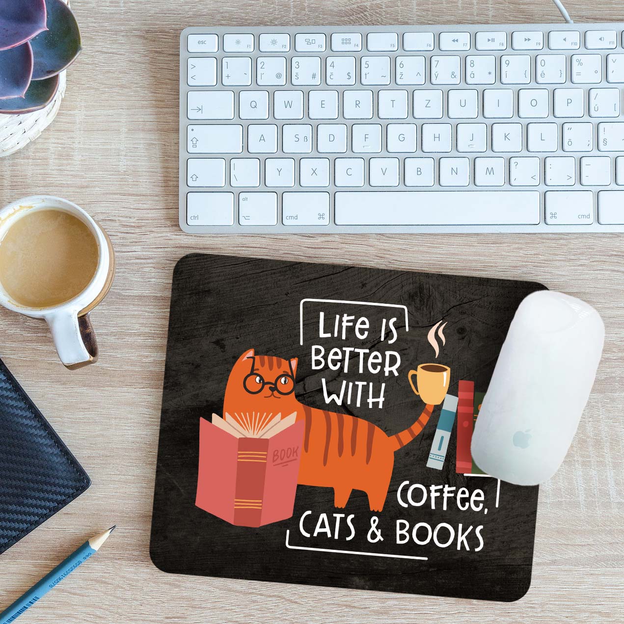 Coffee Cats Books Mouse Mat Pad Funny Life is Better Gift 24cm x 19cm ...