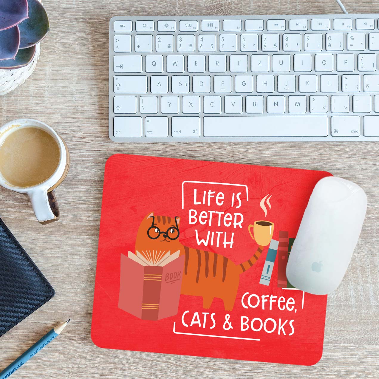 Coffee Cats Books Mouse Mat Pad Funny Life is Better Gift 24cm x 19cm ...